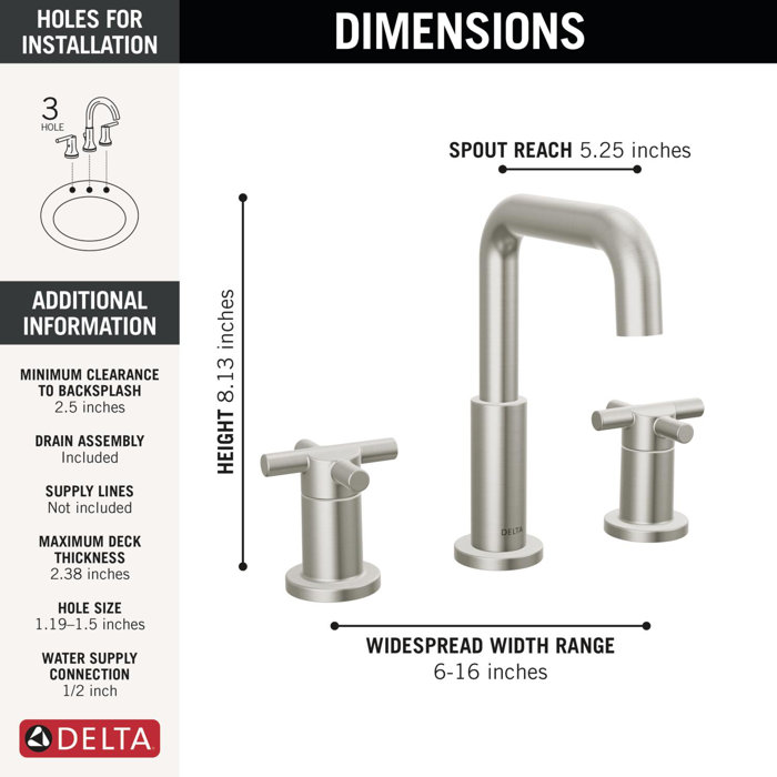 Delta Nicoli Widespread Bathroom Faucet 3 Hole, 2-handle Bathroom Sink Faucet with Drain ...